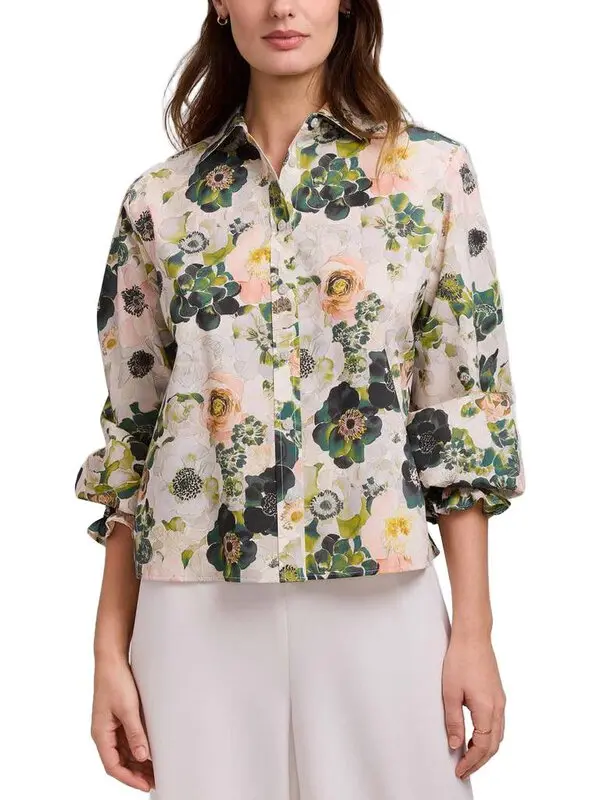 Foxcroft Vivienne Bouquet Cotton Poplin Button-up Shirt - Green/white Multi