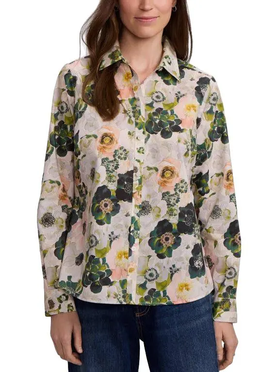 Foxcroft Hampton Bouquet Print Cotton Button-up Shirt - Green/white Multi