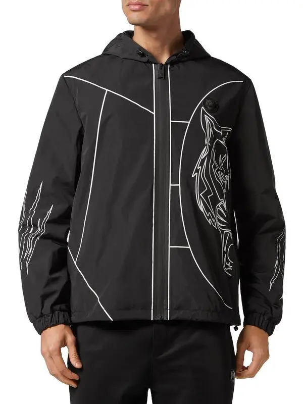 PLEIN SPORT Nylon Hooded Windbreaker With Tiger Emblem - Black