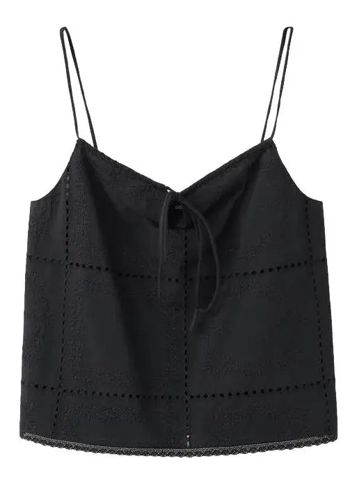 Mango Embroidered Cotton Tie-neck Spaghetti Strap Top - Black
