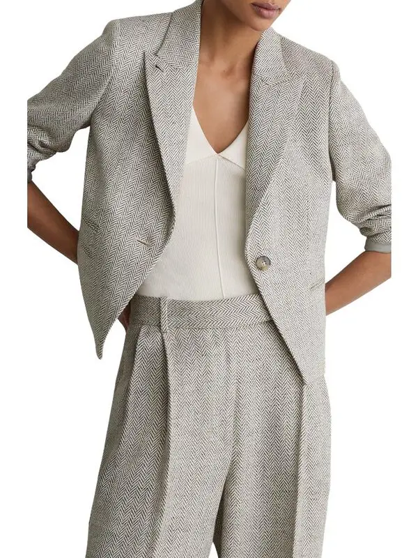REISS Ezra Herringbone Cropped Blazer - Neutral