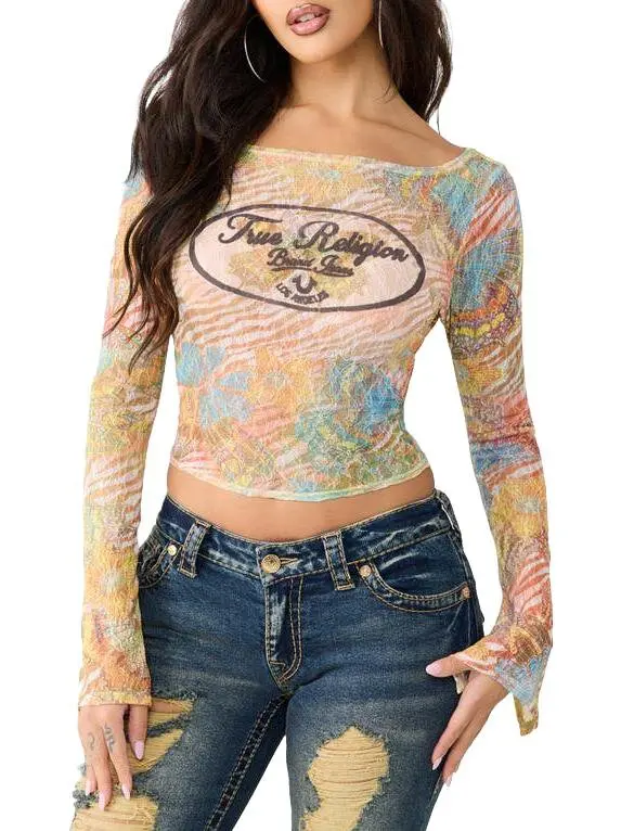 True Religion Butterfly Logo Boat Neck Lace Top - Double Cream