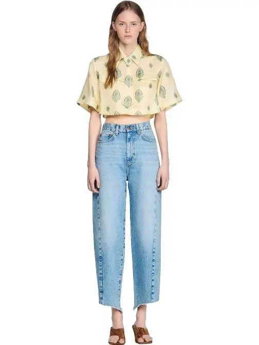 Sandro Paisley Print Crop Top With Removable Tie - Light Yellow