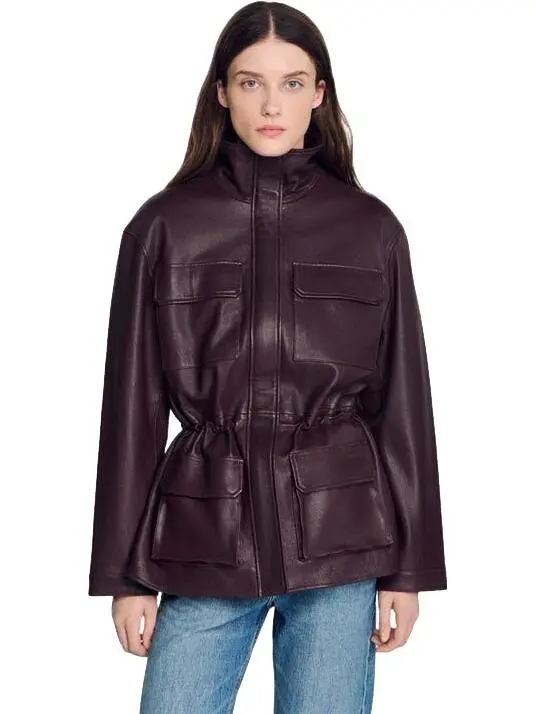 Sandro Oversized Leather Jacket With Stand Collar - Bordeaux