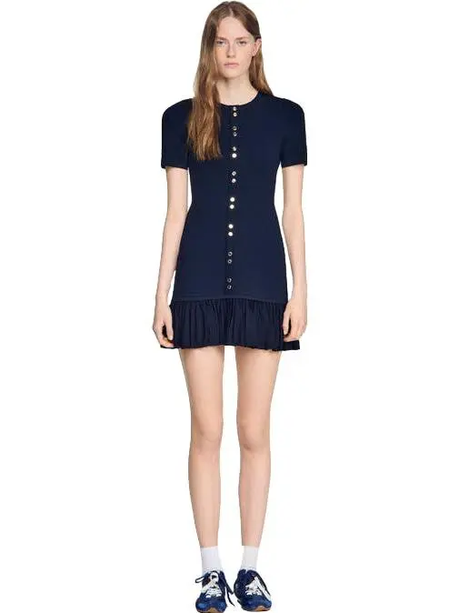 Sandro Short Knit Dress With Ruffles - Midnight Blue