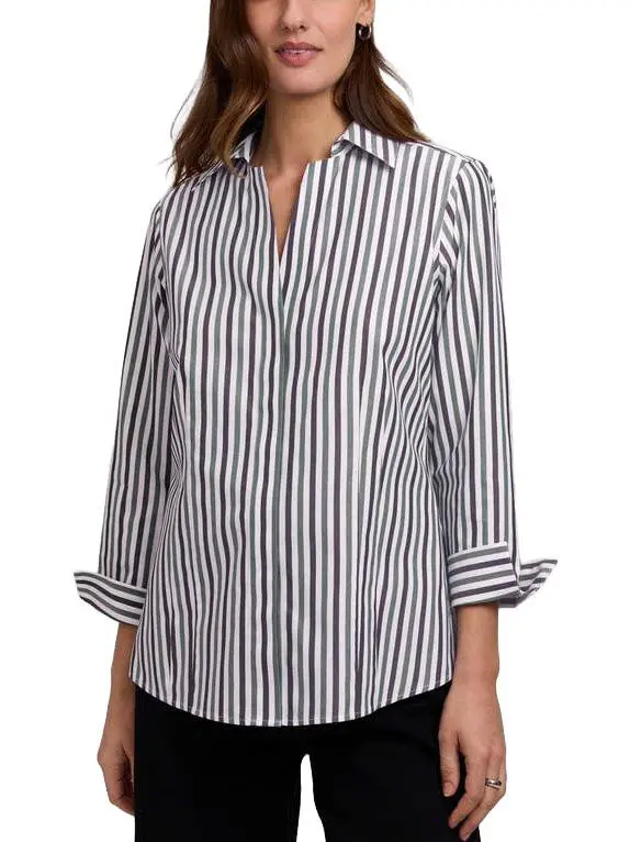 Foxcroft Taylor Striped Cotton Button-up Shirt - Olive Green/multi