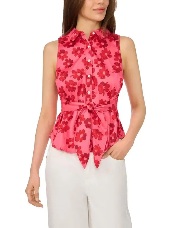 CECE DUPRAZ Floral Tie Waist Sleeveless Stretch Cotton Shirt - Classic Cherry