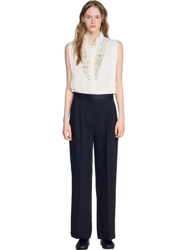 Sandro Mixed-material Wide-leg Trousers - Black
