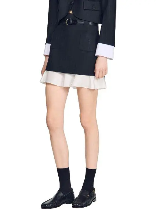 Sandro Short Striped Ruffled Skirt With Buckle Belt - Black