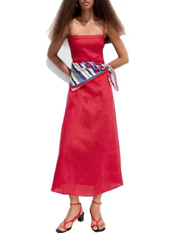 Mango A-line Linen Spaghetti Strap Dress - Red