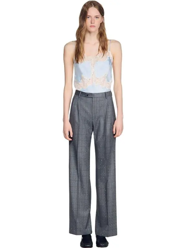 Sandro Rhinestone Check Wool Wide-leg Trousers - Dark Grey