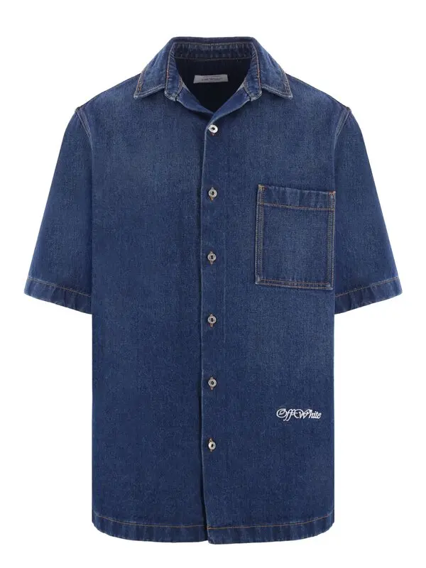 Off-White Logo Embroidered Short-sleeved Denim Shirt - Blue