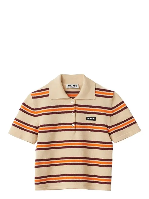 Miu Miu Striped Knit Polo Shirt - Beige/red/brown