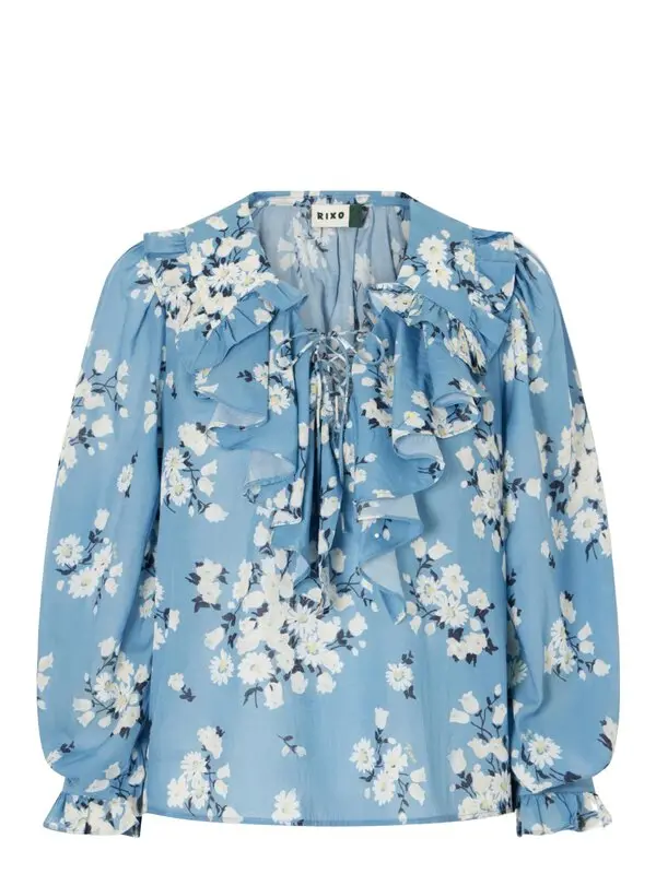 Rixo Floral Print Ruffled Blouse With V-neck Tie Detail - Blue