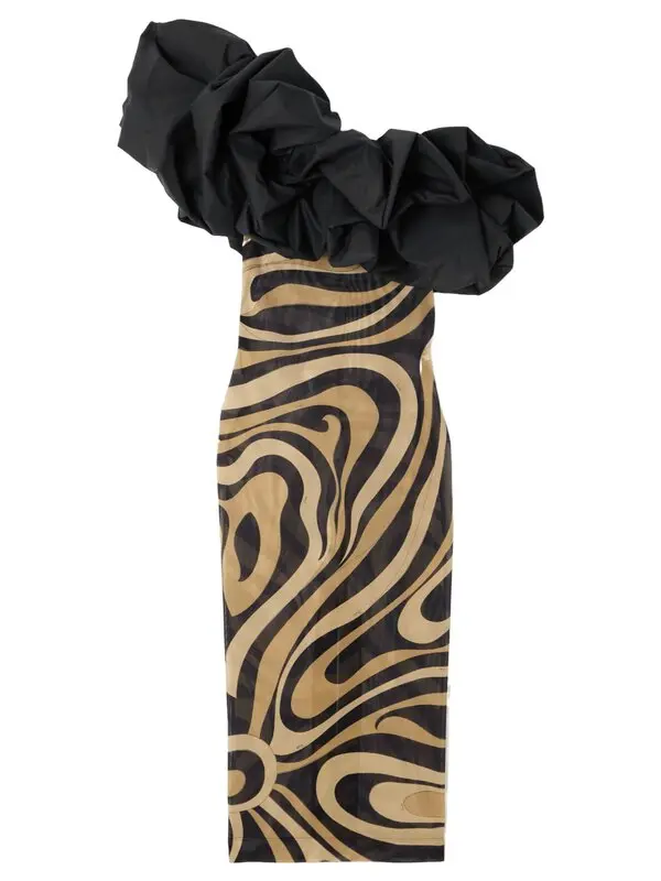 Emilio Pucci Ruffled Printed Mesh Maxi Dress - Black