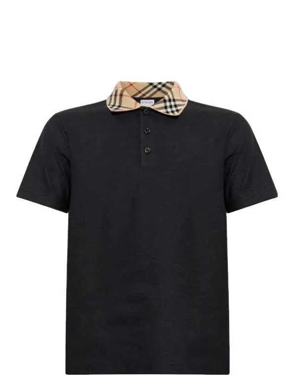 Burberry Check Collar Short Sleeved Polo Shirt - Black