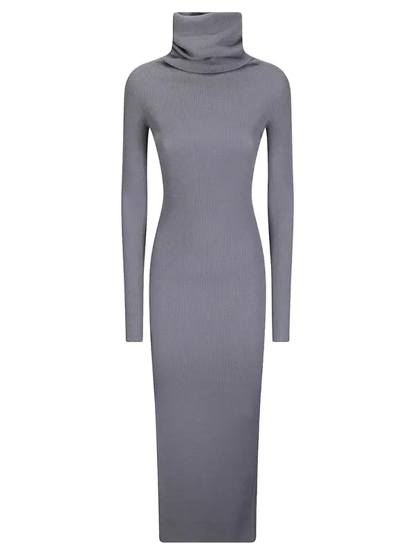 Rick Owens Long Sleeve Ribbed Funnel Neck Dress - Gray