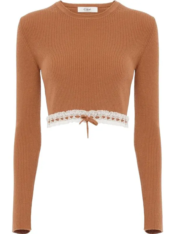 Chloé Lace-trimmed Cropped Knitted Sweater - Cognac Brown