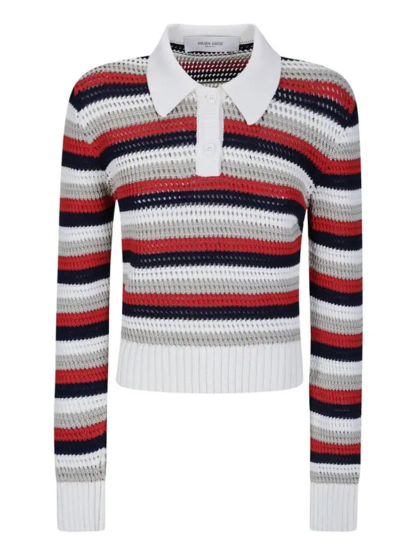 GOLDEN GOOSE Striped Crochet-knit Polo Top - Gray
