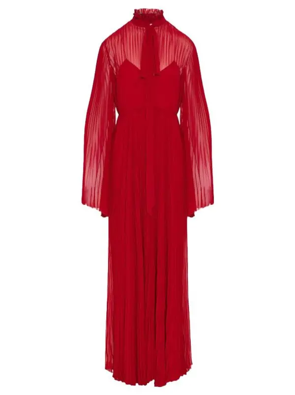 Gucci Pleated Maxi Dress With Pussy-bow And Sheer Sleeves - Red