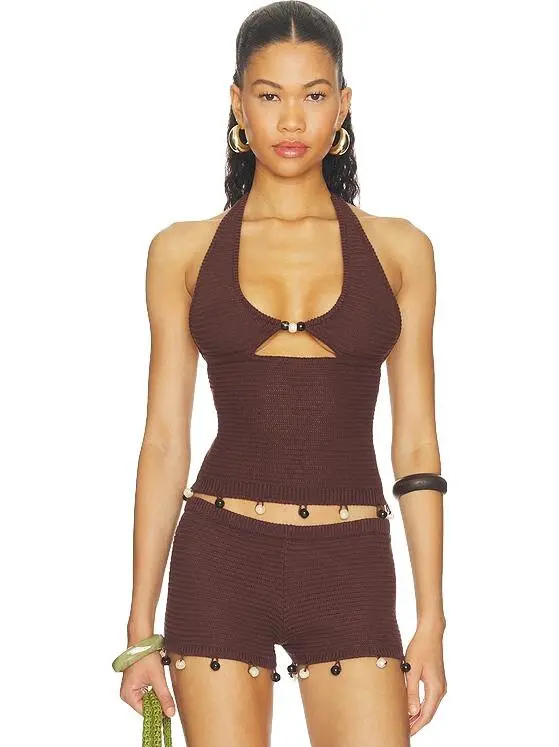 RUNAWAY THE LABEL Bailee Deep-v Halter Knit Top - Cocoa