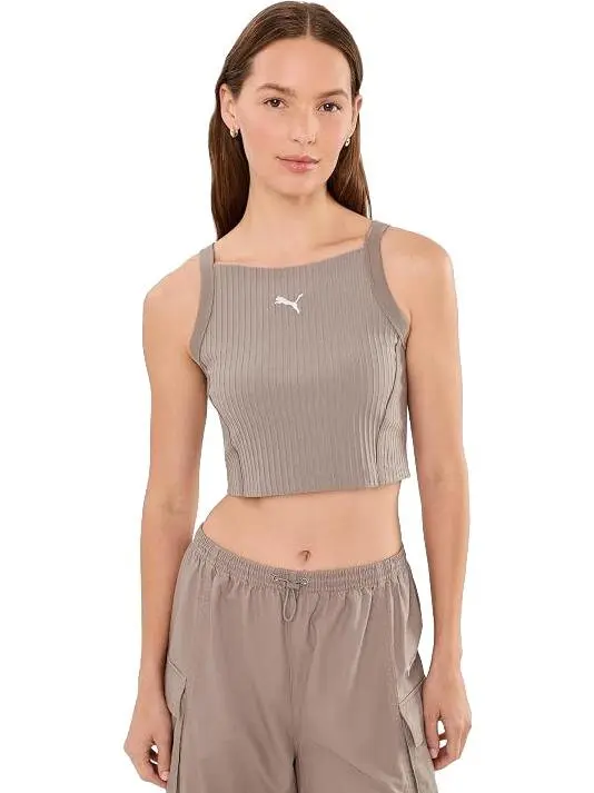 PUMA Essentials Ribbed Cropped Tank Top - Mouse Gray