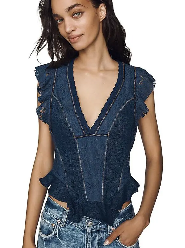 Anthropologie Lace Flutter-sleeve V-neck Top - Indigo