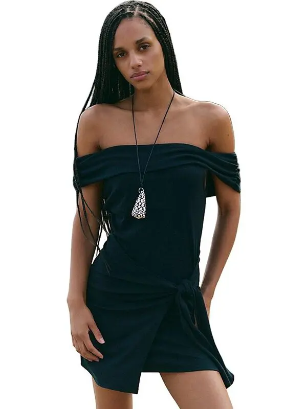 Free People Off-the-shoulder Ribbed Mini Dress With Hip Tie - Black