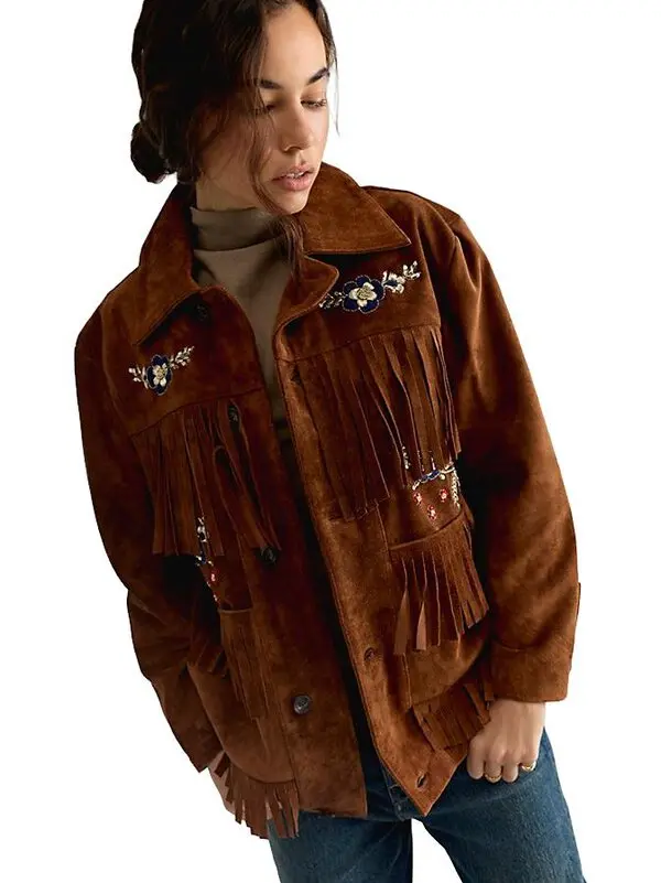 FOUND Embroidered Suede Fringe Jacket - Brown