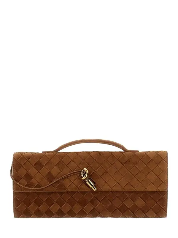 Bottega Veneta Andiamo Clutch In Suede Leather With Intrecciato Pattern - Marrone