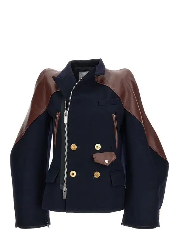 Sacai Melton Jacket In Leather And Wool - Multicolore