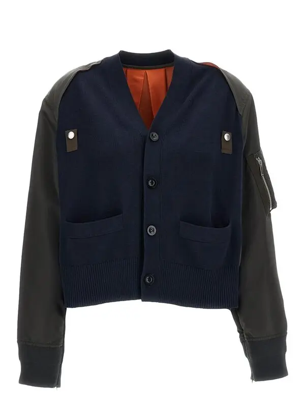 Sacai Hybrid Knit And Nylon Twill Bomber Cardigan - Blu