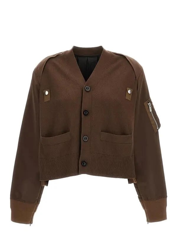 Sacai Knitted Nylon Twill Bomber Cardigan - Marrone