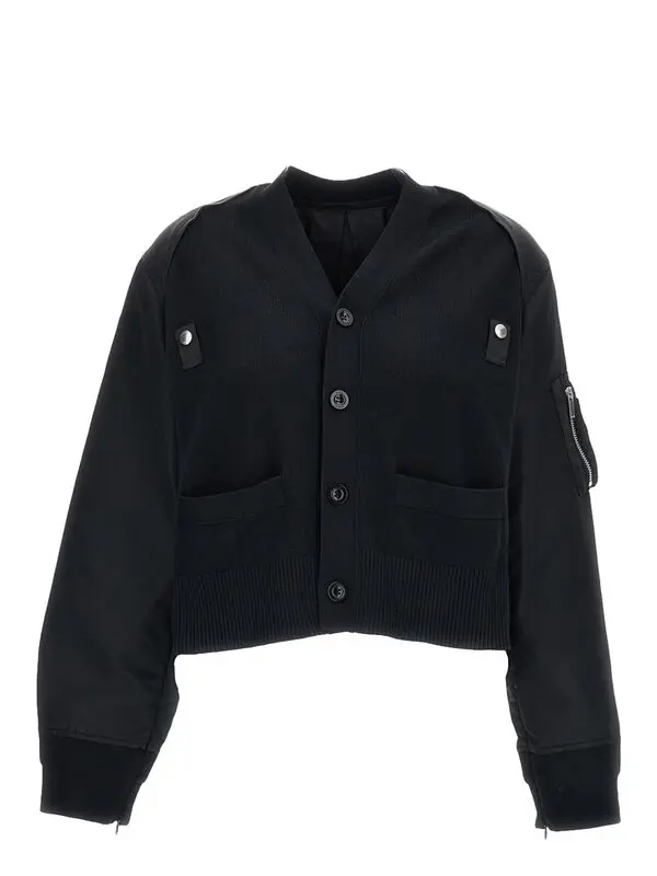Sacai Knit And Nylon Twill Hybrid Cardigan - Nero