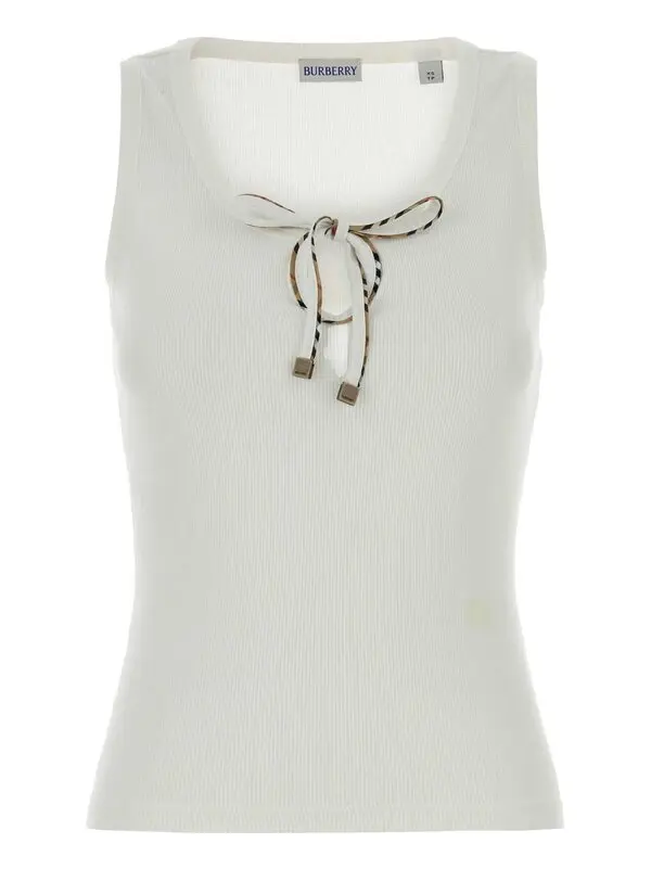 Burberry Ribbed Cotton Tank Top With Tie Detail - White