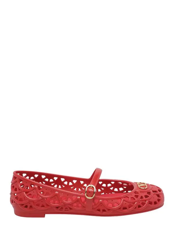 Valentino Garavani Rubber Scallops Motif Mary Jane Flats With Gold Tone Hardware - Red