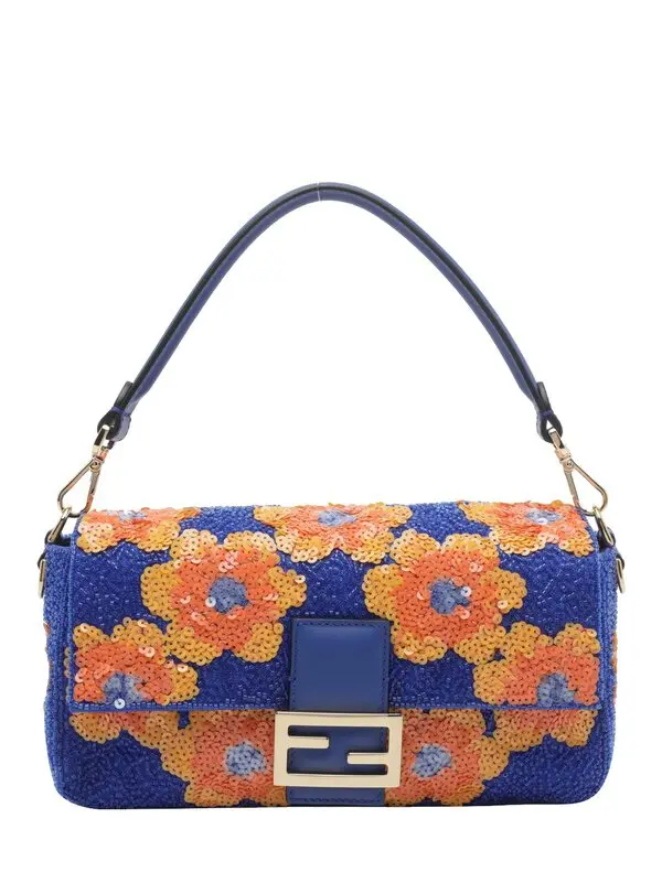 Fendi Baguette Shoulder Bag With Floral Beaded Embroidery And Sequins - Blue