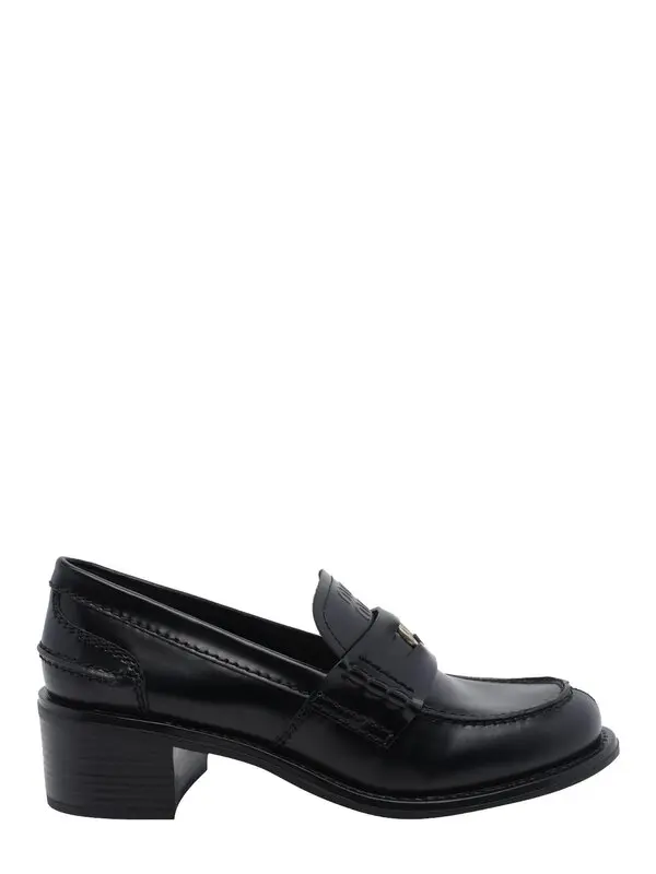 Miu Miu Leather Logo Block Heel Loafers - Black