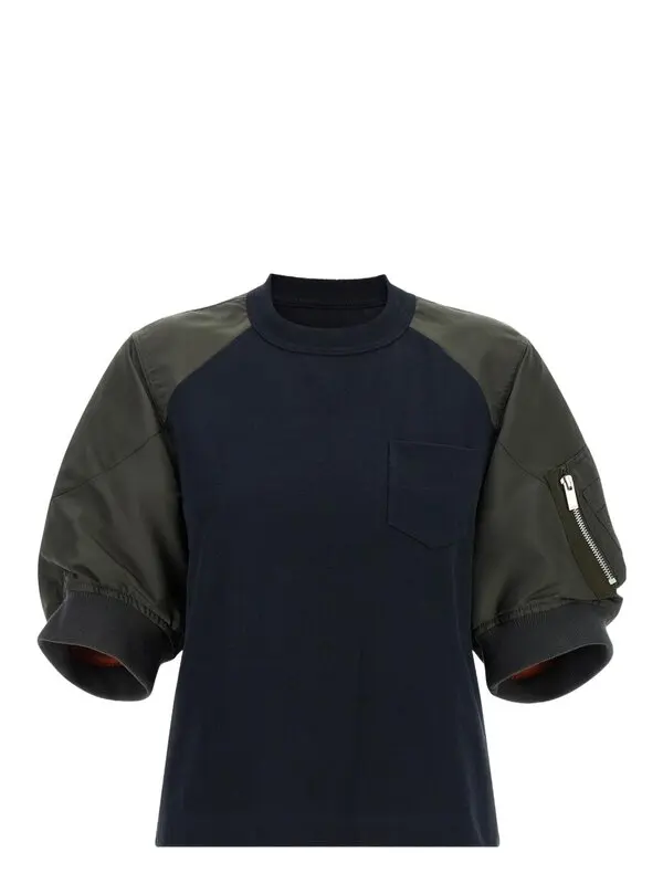 Sacai Short Sleeve Crewneck Sweatshirt With Zippered Cuff Pocket - Black