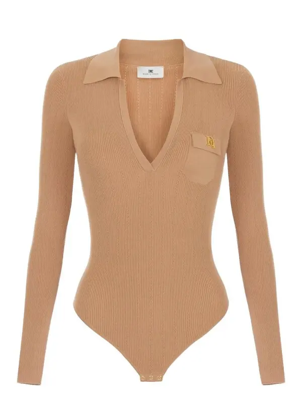 Elisabetta Franchi Knit Bodysuit With Openwork Embroideries - Leather