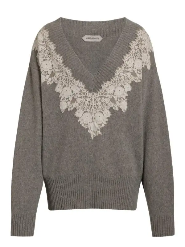 Alberta Ferretti Cashmere V-neck Sweater With Lace Insert - Grey