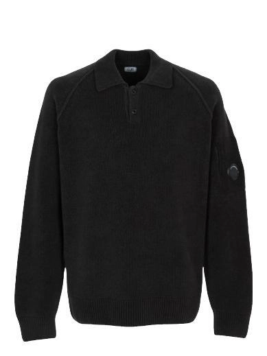 C.P. COMPANY Long Sleeve Knit Collared Top - Black