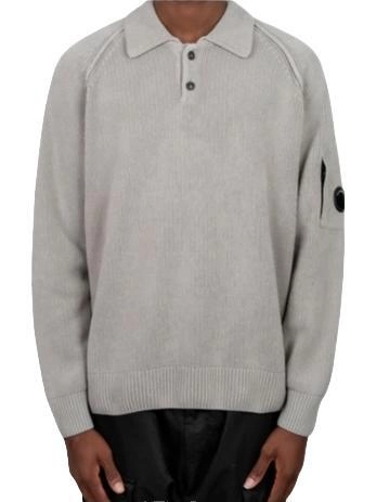 C.P. COMPANY Long Sleeve Knit Top With Fold-over Collar - Gray