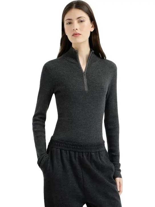 Brunello Cucinelli Virgin Wool And Cashmere Lightweight Ribbed Turtleneck Sweater With Precious Half Zip - Anthracite