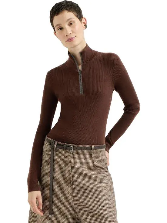 Brunello Cucinelli Virgin Wool And Cashmere Ribbed Turtleneck Sweater With Precious Half Zip - Brown