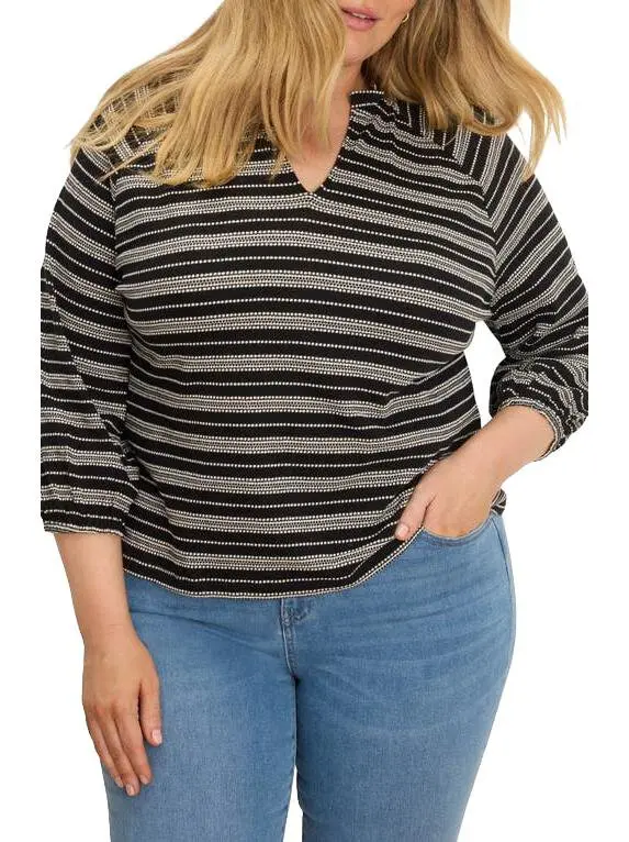 NIC+ZOE Jacquard Dot Stripe Knit Cotton Top - Black Multi