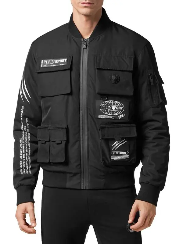 PLEIN SPORT Nylon Bomber Jacket With Logo And Waterproof Zipper - Black