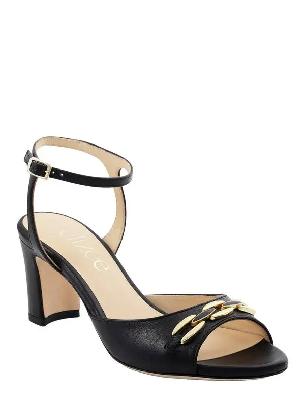 ELIZEE Tessa Leather Block Heel Sandal With Enameled Chain Detail - Black