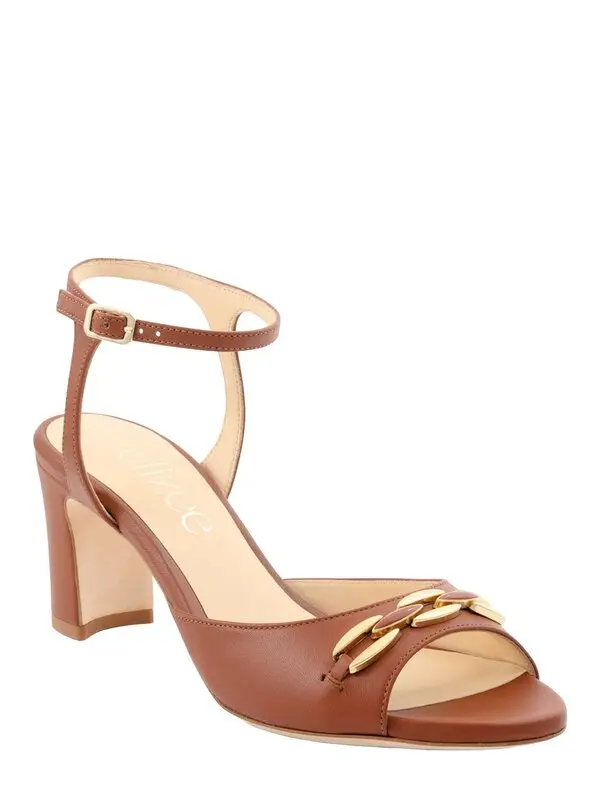 ELIZEE Tessa Leather Block Heel Sandal With Enameled Chain Detail - Tan