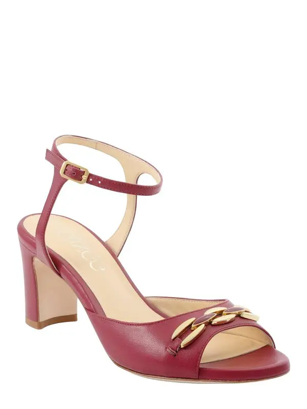ELIZEE Tessa Leather Block Heel Sandal With Enameled Chain Detail - Wine